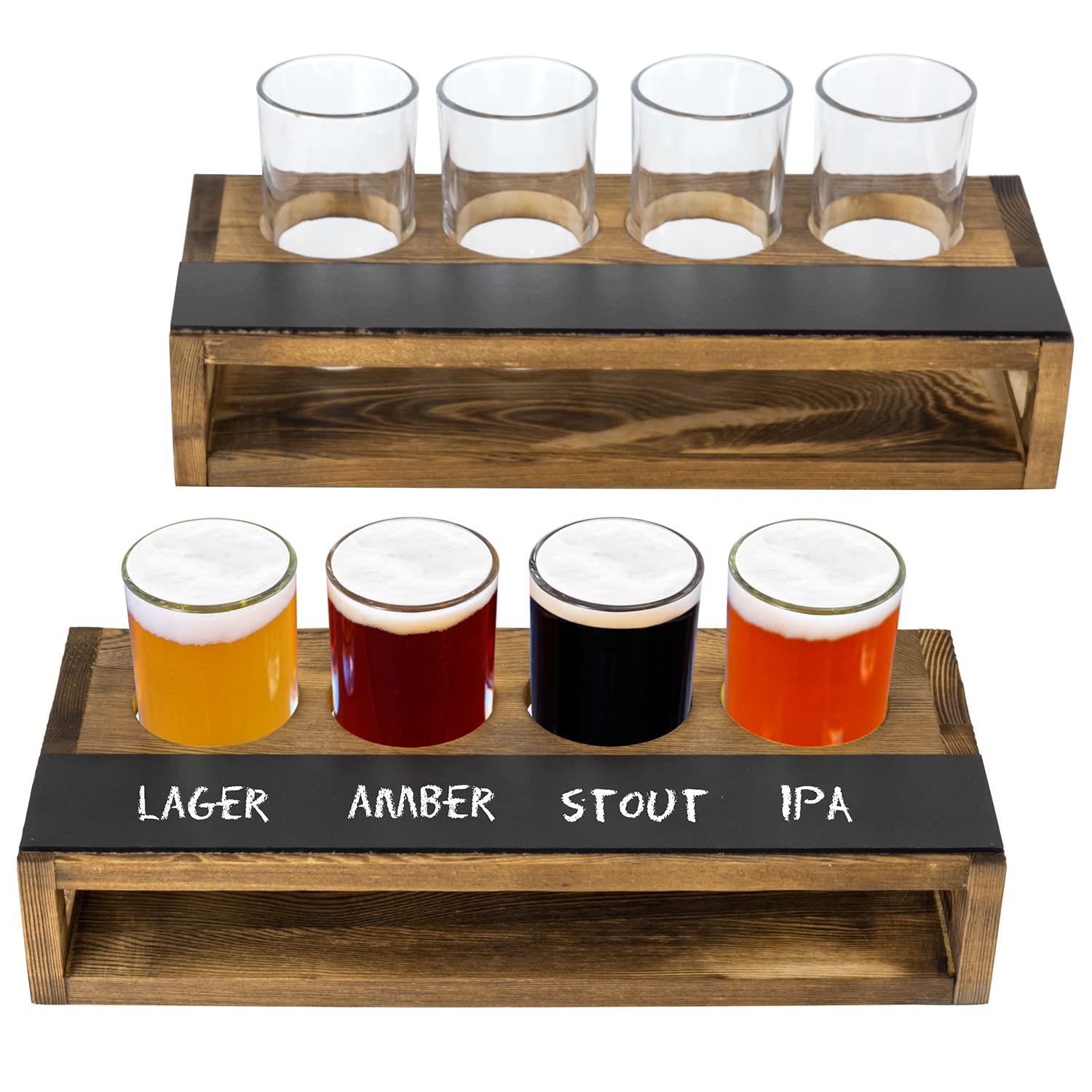 MyGift Rustic Dark Brown Burnt Solid Wood Sampler Tray Beer Flight Holder Serving Set with 4 Glasses and Erasable Chalkboard Label, Set of 2