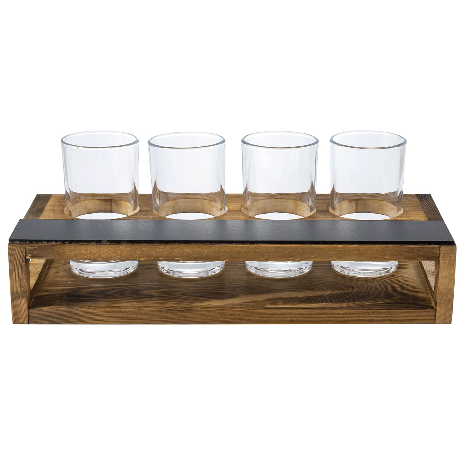 MyGift Rustic Dark Brown Burnt Solid Wood Sampler Tray Beer Flight Holder Serving Set with 4 Glasses and Erasable Chalkboard Label, Set of 2