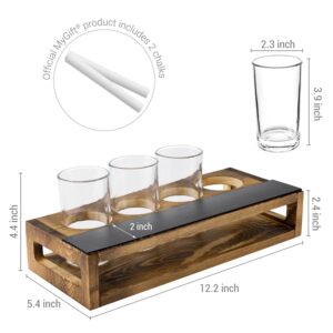 MyGift Rustic Dark Brown Burnt Solid Wood Sampler Tray Beer Flight Holder Serving Set with 4 Glasses and Erasable Chalkboard Label, Set of 2