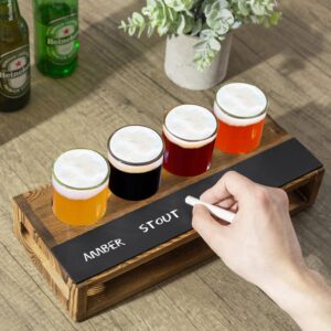 MyGift Rustic Dark Brown Burnt Solid Wood Sampler Tray Beer Flight Holder Serving Set with 4 Glasses and Erasable Chalkboard Label, Set of 2