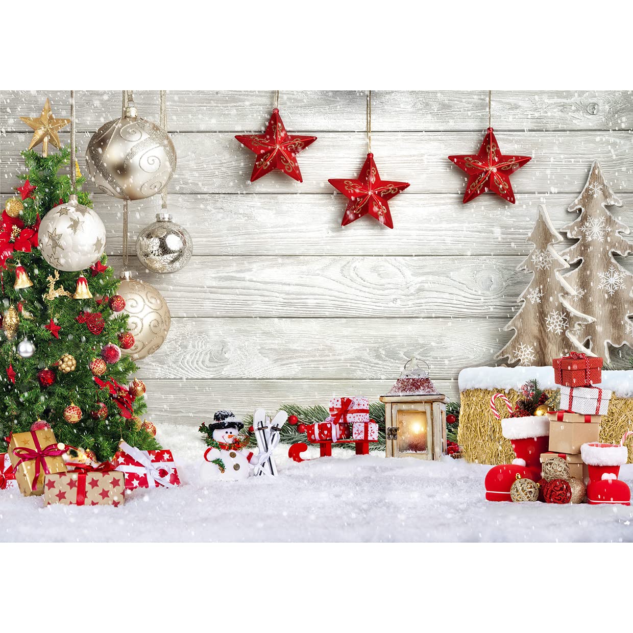 SJOLOON Christmas Backdrop White Wood Floor with Snowflake Backdrop Christmas Tree Gifts Background for Christmas Party Decoration Family Gathering 12392 (7x5FT)