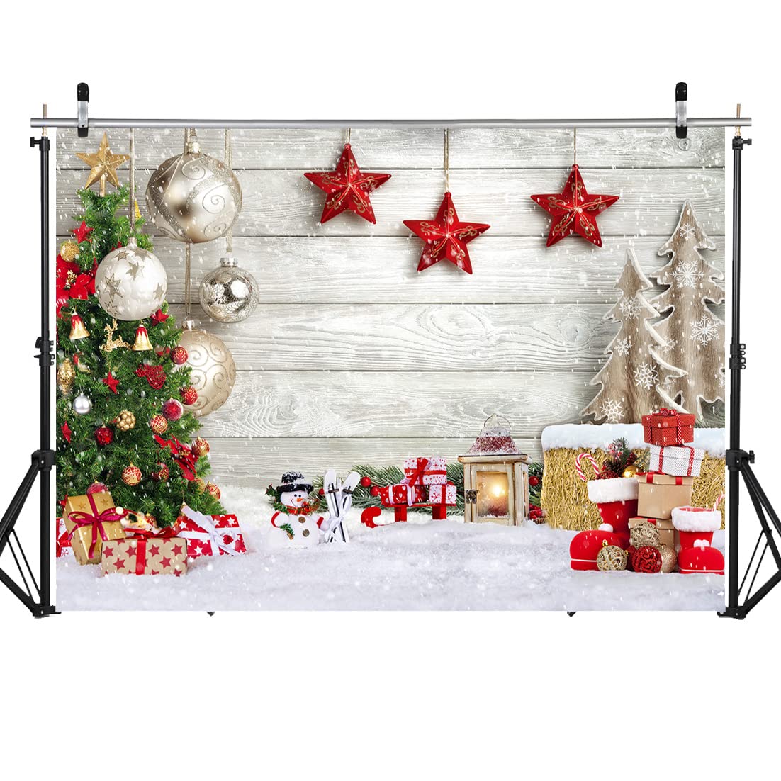 SJOLOON Christmas Backdrop White Wood Floor with Snowflake Backdrop Christmas Tree Gifts Background for Christmas Party Decoration Family Gathering 12392 (7x5FT)