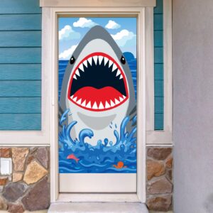 shark attack door cover for shark party decoration shark birthday backdrop banner shark wall decoration sign front door or indoor home decor for kids ocean shark theme party supplies