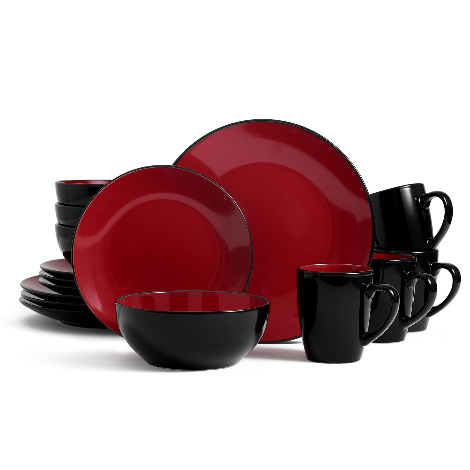 Bestone 16 Piece Round Kitchen Dinnerware Set,Plates and Bowls sets,Dishes, Dinner Plates, Cereal Bowls Set，Bowls, Mugs, Dish Set，Plates and Bowls,Service for 4, Stoneware Dinnerware,Red and Black