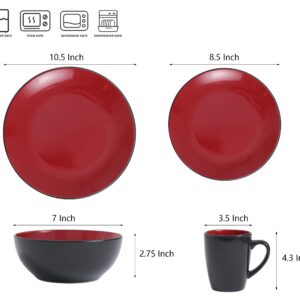 Bestone 16 Piece Round Kitchen Dinnerware Set,Plates and Bowls sets,Dishes, Dinner Plates, Cereal Bowls Set，Bowls, Mugs, Dish Set，Plates and Bowls,Service for 4, Stoneware Dinnerware,Red and Black