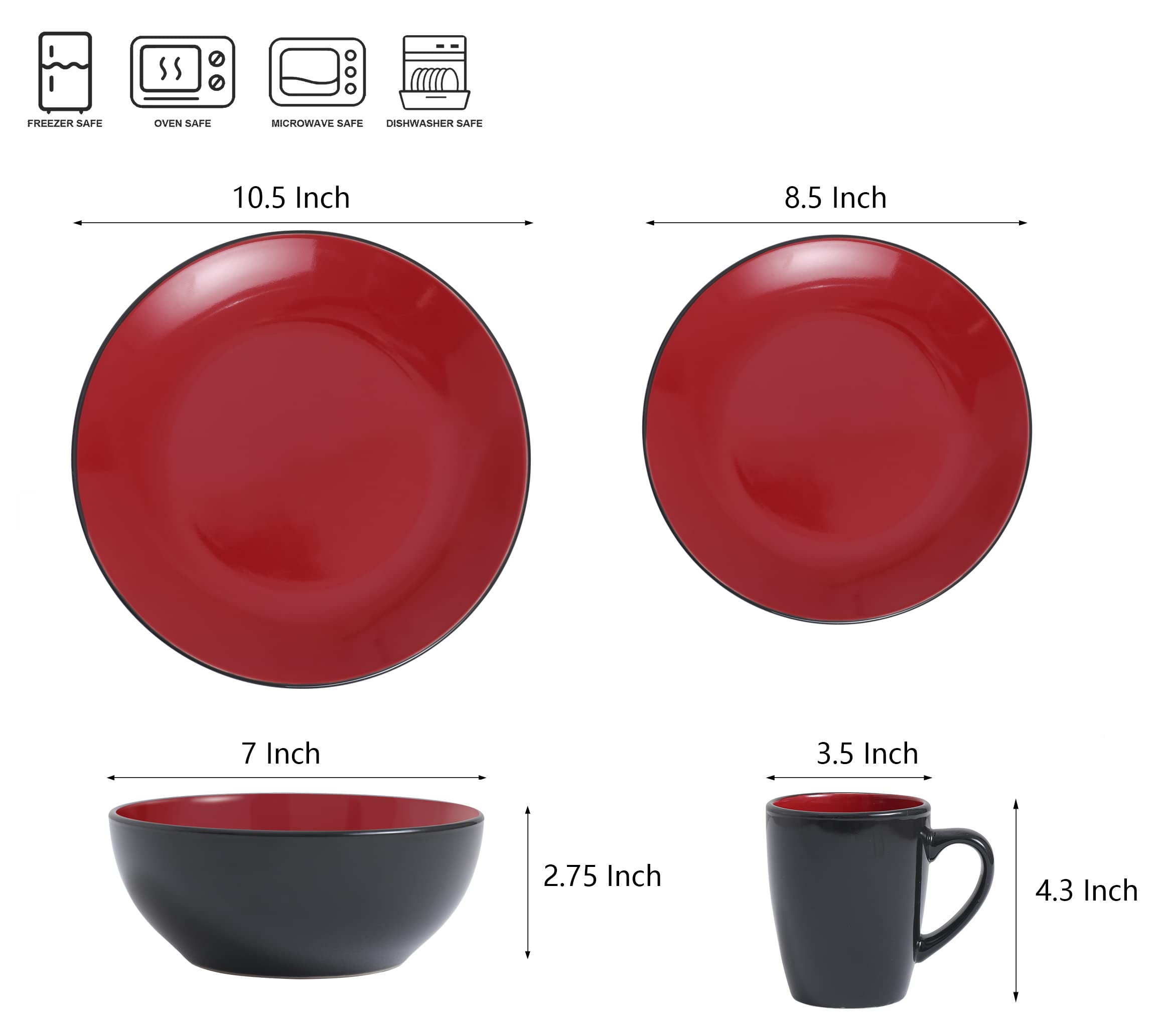 Bestone 16 Piece Round Kitchen Dinnerware Set,Plates and Bowls sets,Dishes, Dinner Plates, Cereal Bowls Set，Bowls, Mugs, Dish Set，Plates and Bowls,Service for 4, Stoneware Dinnerware,Red and Black