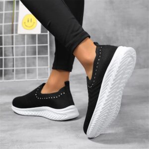 GOSPT Women's Slip on Sock Sneakers Glitter Rhinestone Jazz Latin Dance Mesh Shoes Black 6.5