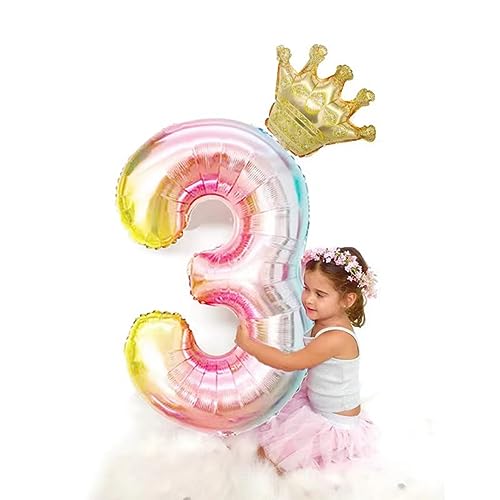 40-Inch Rainbow Gradient Number 3 Crown Balloons Set, 3rd Birthday Decorations, 3rd Birthday Balloons,3th Anniversary decorations. (3)