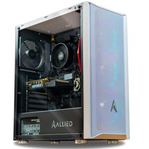 allied gaming stinger desktop pc: amd ryzen 5 1600af, geforce gtx 1050 ti 4gb, 8gb ddr4 3200mhz, 240gb ssd, b450m motherboard, 550 watt power supply, argb fans, wifi ready