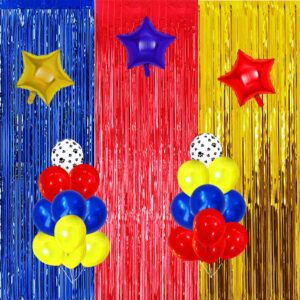 Paw Birthday Decorations, Paw Party Supplies Red Blue Gold Foil Fringe Curtain, Red Blue Yellow Balloons, Dog Paw Print Balloons for Kids Baby Shower Party Decorations