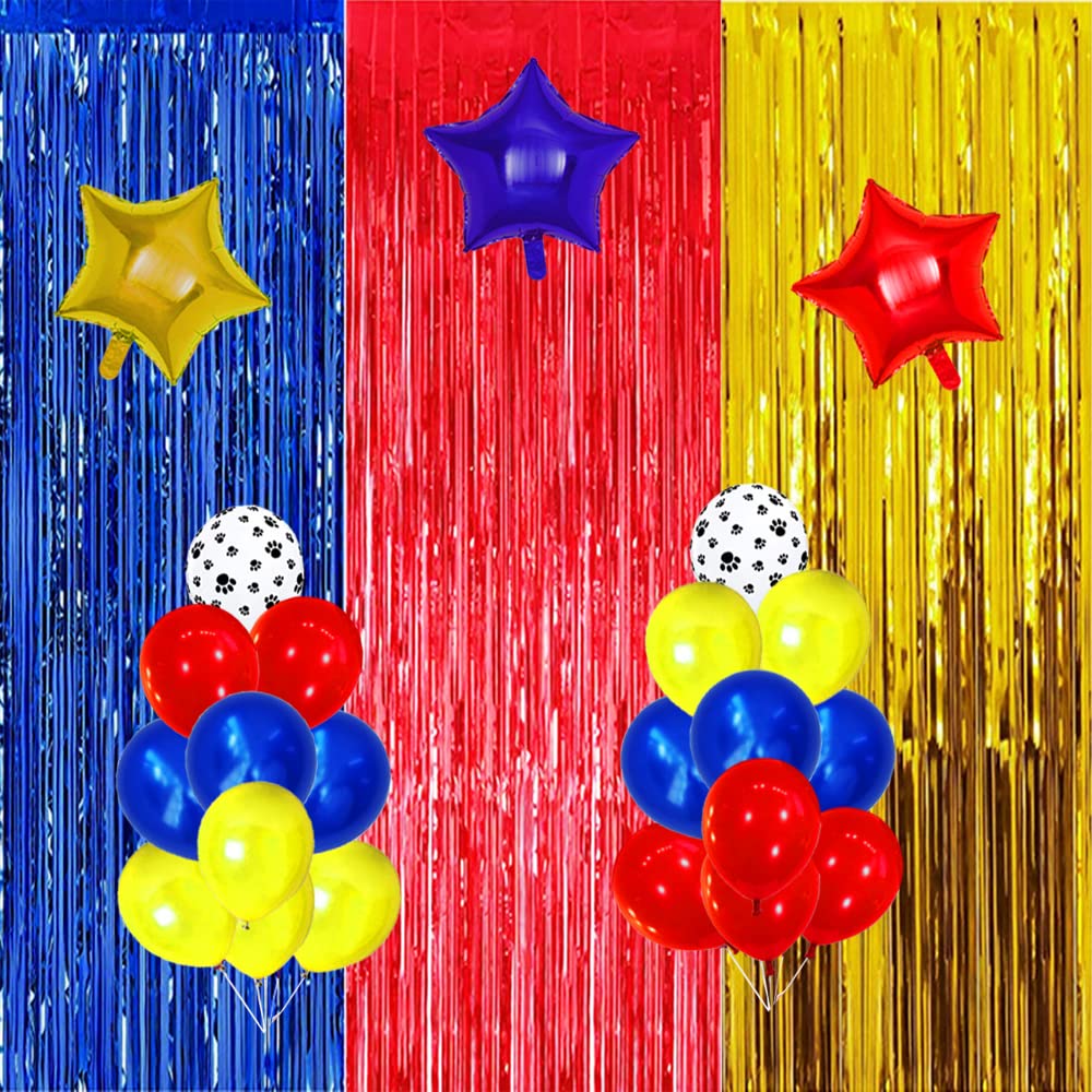 Paw Birthday Decorations, Paw Party Supplies Red Blue Gold Foil Fringe Curtain, Red Blue Yellow Balloons, Dog Paw Print Balloons for Kids Baby Shower Party Decorations