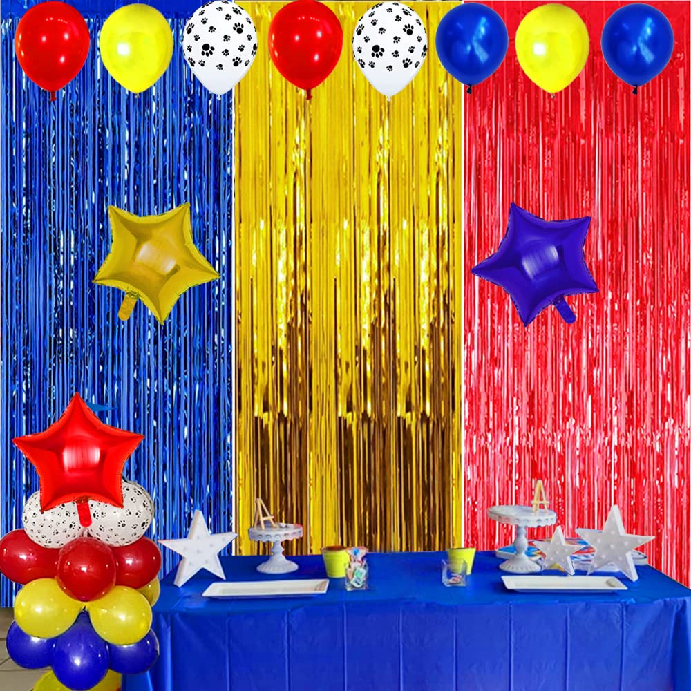 Paw Birthday Decorations, Paw Party Supplies Red Blue Gold Foil Fringe Curtain, Red Blue Yellow Balloons, Dog Paw Print Balloons for Kids Baby Shower Party Decorations