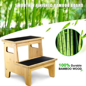 Kids Step Stools for Toddlers Bathroom Bamboo Wood Toddler Stepping Stool Kitchen Counter Sink Baby 2 Step Stool Foot Bed Stool for Adults Child Potty Training Toilet Stool, Natural with Pads