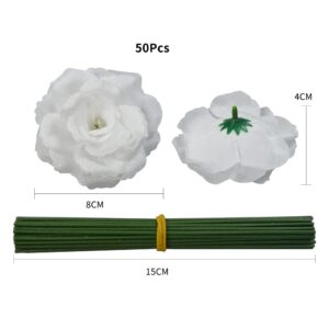 Eternal Blossom Rose Head Flowers with Stem, 50 White Artificial Flowers, Used for Wedding Decoration DIY Handmade Flowers Silk Fake Rose 3 Inches and 6 Inches Stem Valentines Day Decorations