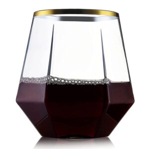 32 pack diamond stemless plastic wine glasses, 12 oz unique diamond shape, clear gold rim glasses for wine, whiskey, cocktails, juice, trendy & modern stemware, food-grade disposable drinkware