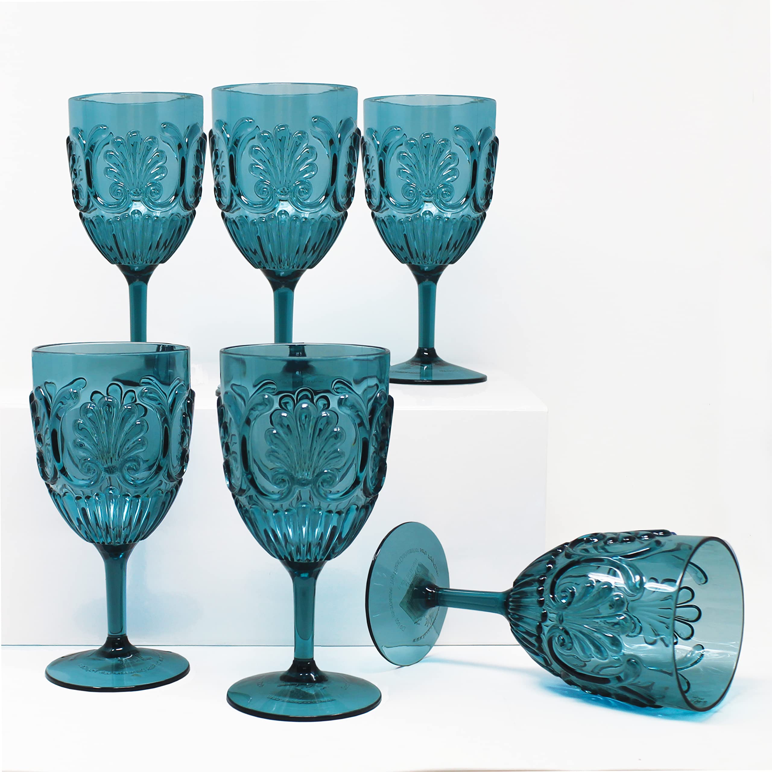 Le Cadeaux Fleur Shatter Resistant Polycarbonate Indoor Outdoor Wine Glass, Teal, Set of 6