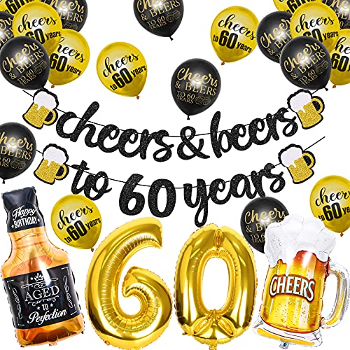 60th Birthday Decorations, 60 Years Anniversary Decorations Cheers to 60 Years Banner, 60 Sign Latex Balloon, 32 Inch Number 60 Gold Foil Balloon Cheers Cup Foil Balloon for 60 Birthday Wedding Party