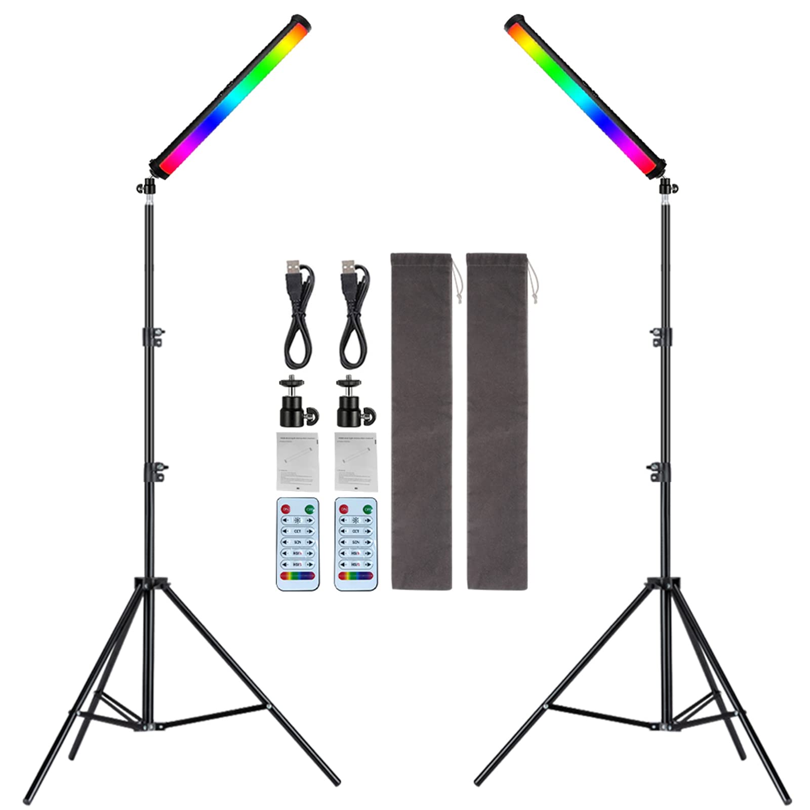 RGB Led Video Light Wand Stick, 360° Full Color Portable Studio Handheld Photography Lighting Wand 5000mAh Rechargeable Battery & Magnet with 27"-80" Tripod Stand-2 Pack