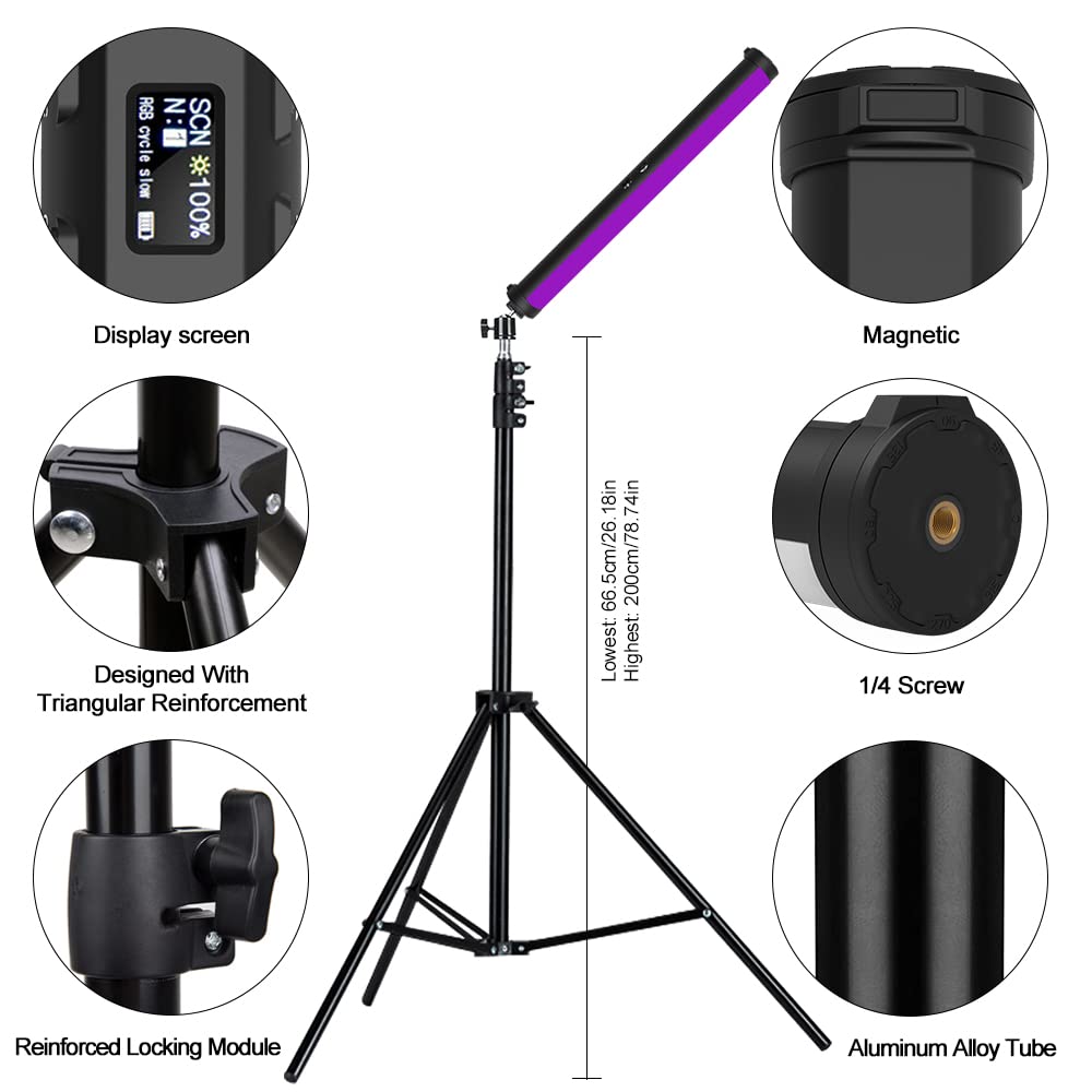 RGB Led Video Light Wand Stick, 360° Full Color Portable Studio Handheld Photography Lighting Wand 5000mAh Rechargeable Battery & Magnet with 27"-80" Tripod Stand-2 Pack