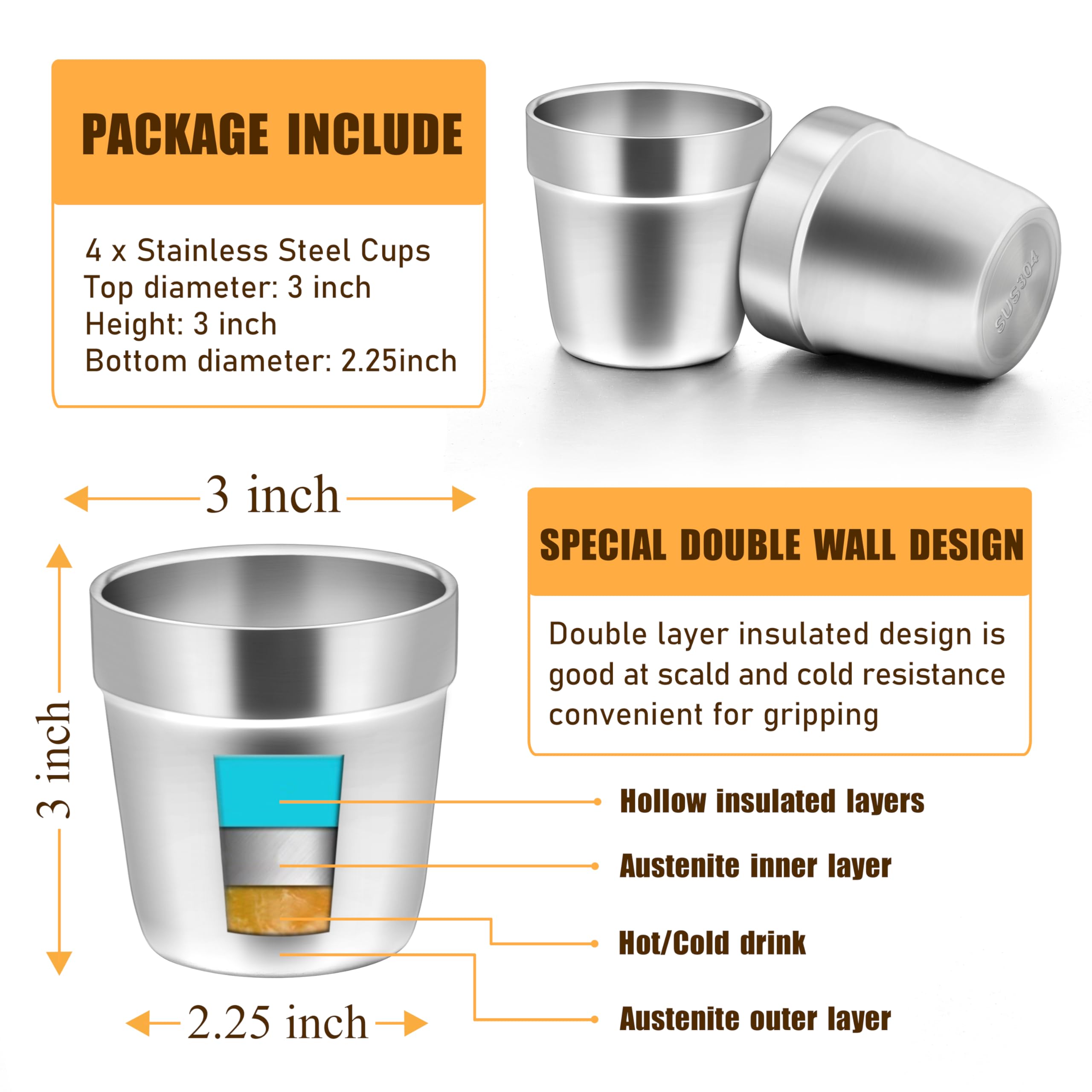 HaWare Metal Cups for Toddlers Kids, 6 Ounce Stainless Steel Double Wall Insulated Tumblers, Espresso Cups Mugs, Stackable Drinking Glasses for Party Camping Outdoor, Dishwasher Safe - 4 Packs