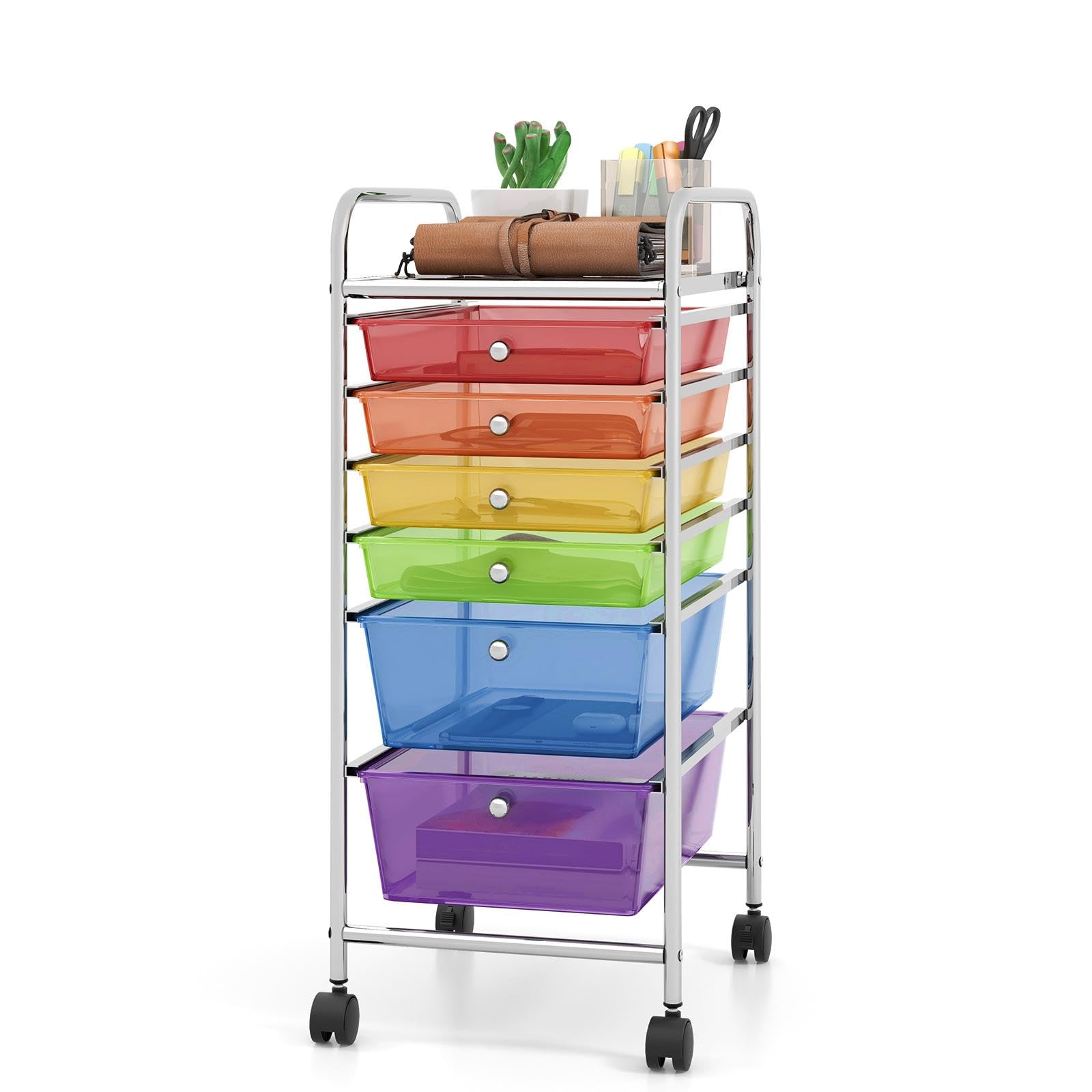 Julimoon Rolling Storage Cart with 6 Drawers,Mobile Storage Drawers Organizer, Multipurpose Plastic Utility Cart with Wheels for Home Office School Garage (Rainbow & Clear)…