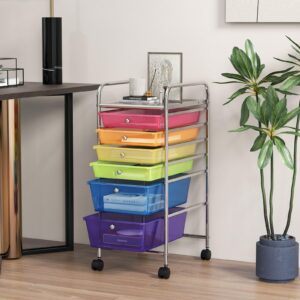 Julimoon Rolling Storage Cart with 6 Drawers,Mobile Storage Drawers Organizer, Multipurpose Plastic Utility Cart with Wheels for Home Office School Garage (Rainbow & Clear)…