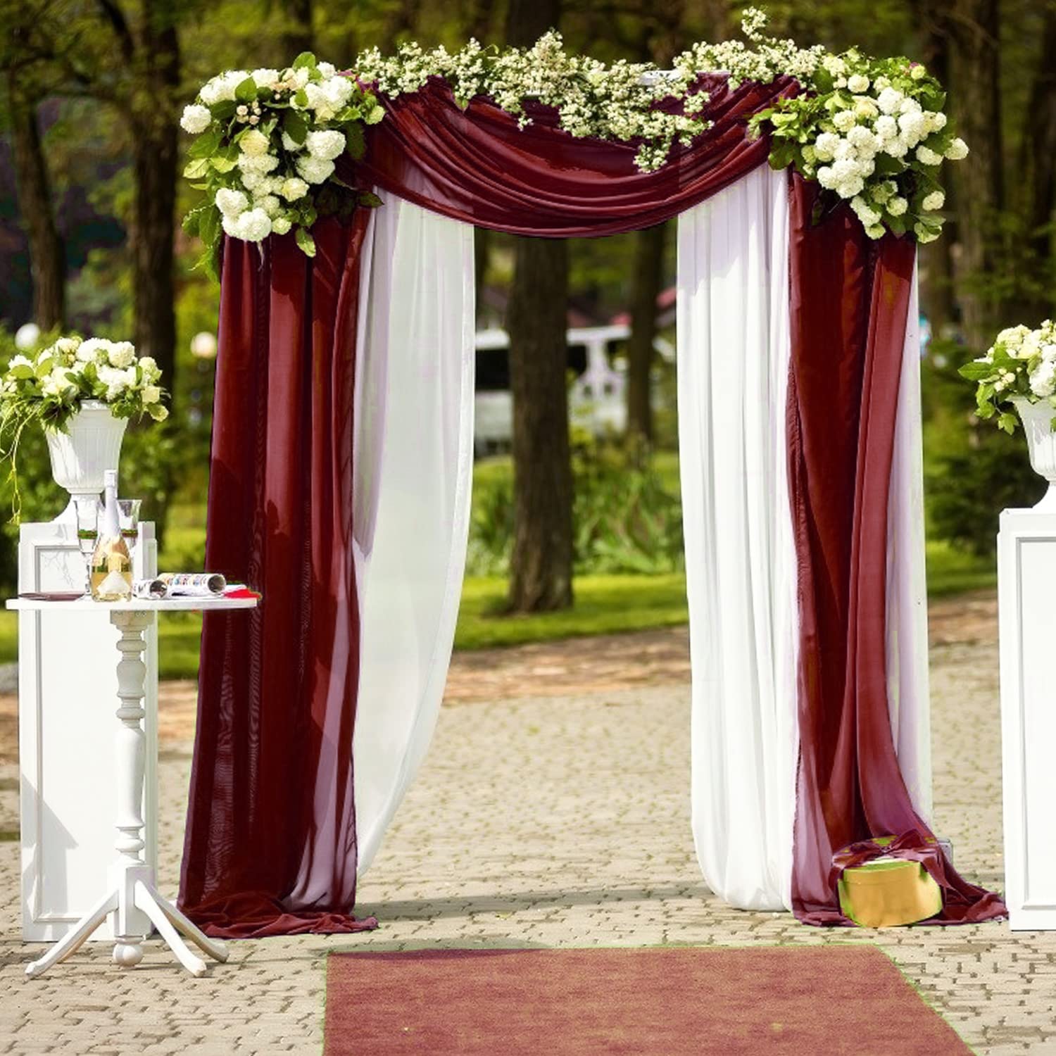 Wedding Arch Draping Fabric, 2 Panels Burgundy Sheer Backdrop Curtain Tulle Fabric Drapery for Arbor Wedding Archway Ceremony Party Ceiling Decor Backdrop