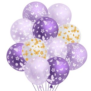 pantide 36pcs butterfly print balloons 12 inches purple and white latex balloons butterfly fairy patterns for weeding baby shower birthday party supplies decorations activities graduation with ribbon