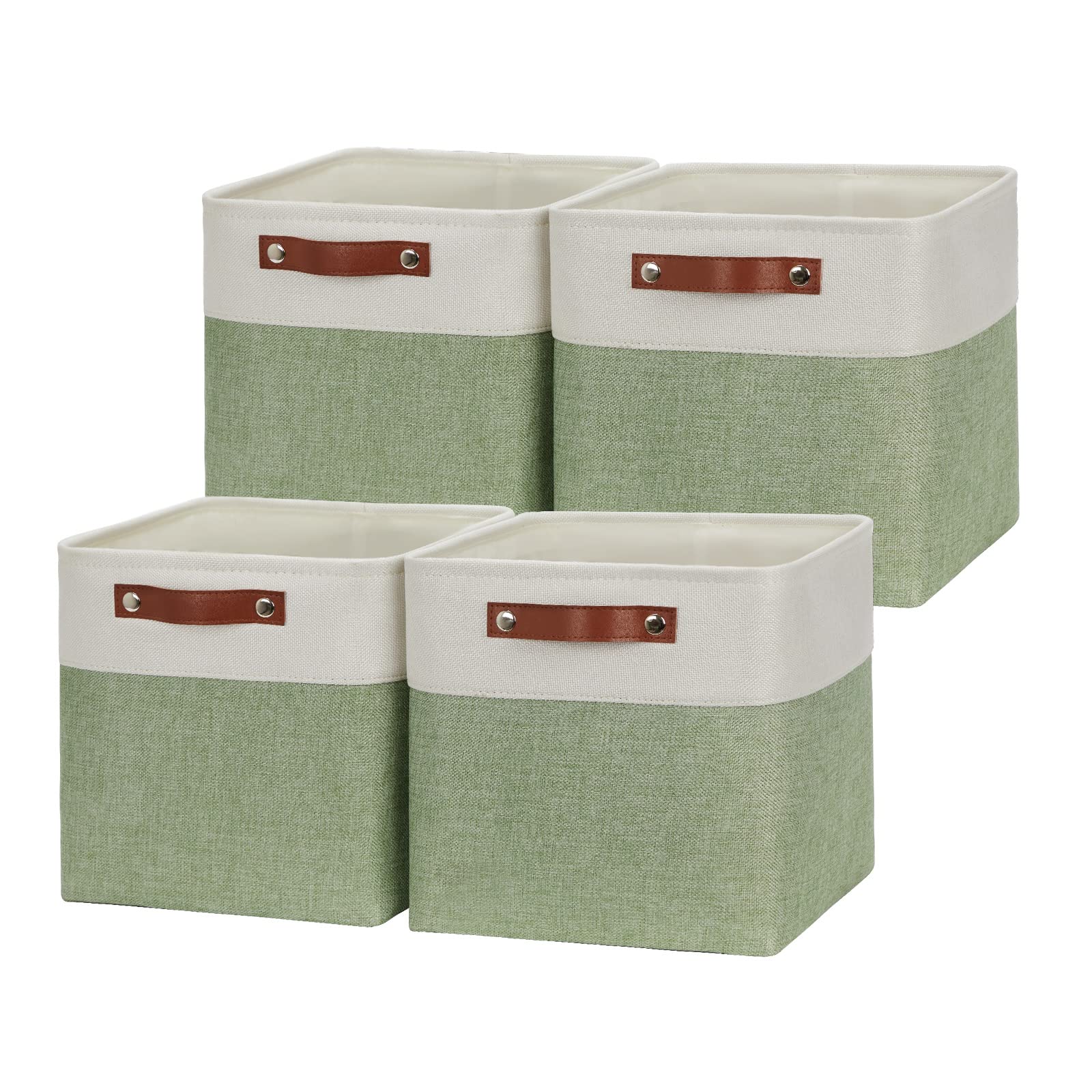 HNZIGE Fabric Cube Storage Baskets Bins Cube Baskets 11x11, Set of 4, Foldable Storage Cube Bin Baskets for Shelves with Handles, Bins for Cube Organizer Home Toy Nursery Closet Bedroom(Green White)