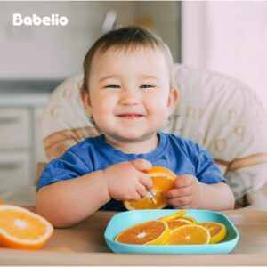 BABELIO Silicone Toddler Plates, 2 Pack Undivided Baby Self Feeding Utensils, BPA Free, Microwave, Oven and Dishwasher Safe, Soft and Durable Silicone Tray (Azure)