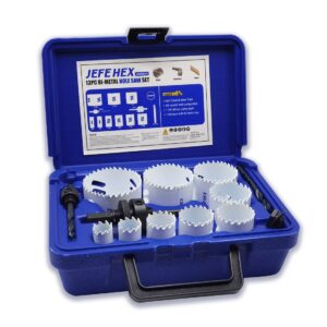 jefe hex 13-piece hole saw set, bi-metal hole saw kit, m42 bi-metal hole cutter set with 9-pc hole saw-3/4",7/8",1-1/8",1-3/8",1-1/2"1-3/4",2",2-1/4" and 2-1/2" for metal, wood, plywood, drywall, pvc