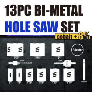 JEFE HEX 13-Piece Hole Saw Set, Bi-Metal Hole Saw Kit, M42 Bi-metal Hole Cutter Set with 9-Pc Hole Saw-3/4",7/8",1-1/8",1-3/8",1-1/2"1-3/4",2",2-1/4" and 2-1/2" for Metal, Wood, Plywood, Drywall, PVC