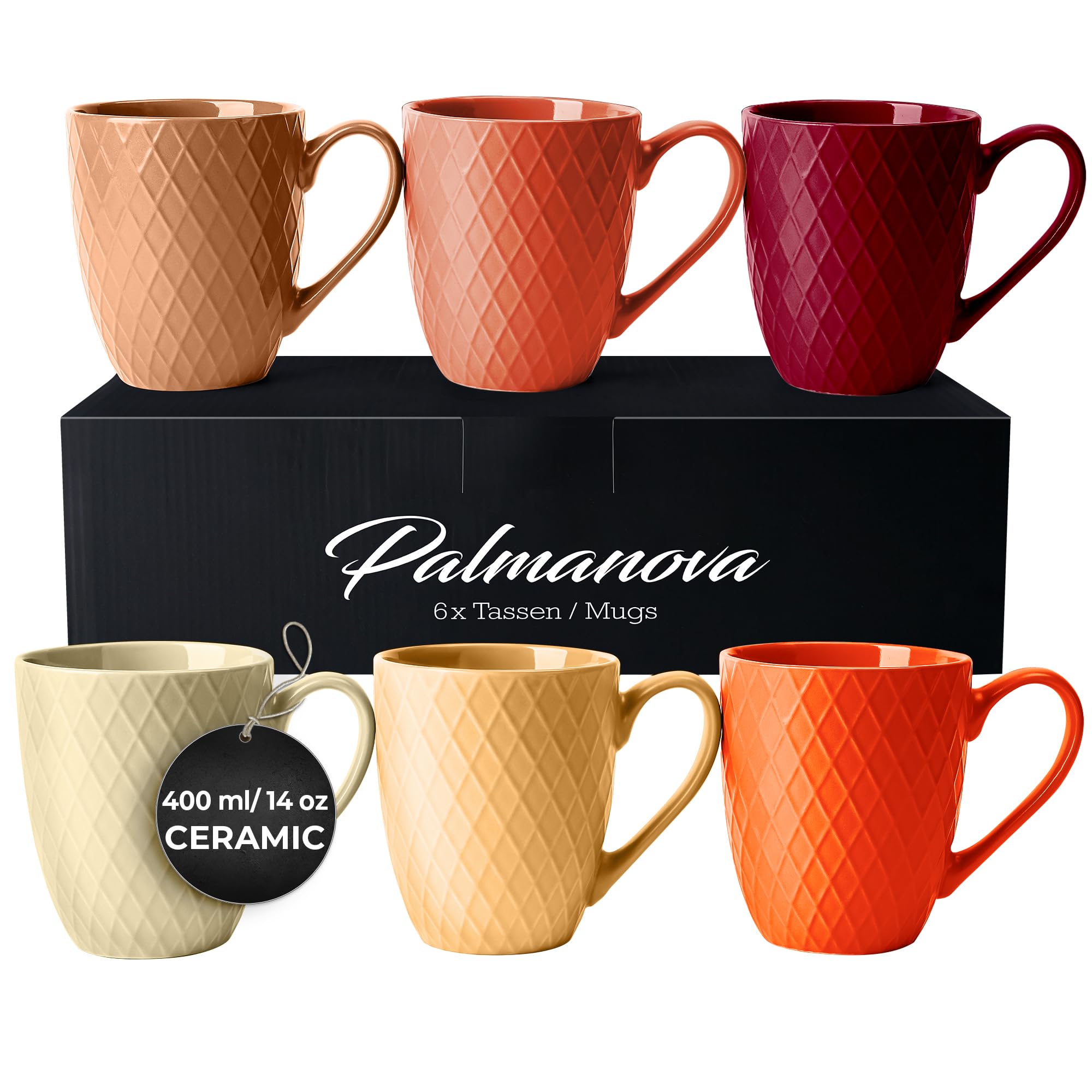 MIAMIO - Coffee Mugs set of 6 / Coffee Cups - 6 x 14 Oz Ceramic Mugs - Large Coffee Mugs - Microwave & Dishwasher safe - Palmanova Collection (Red)