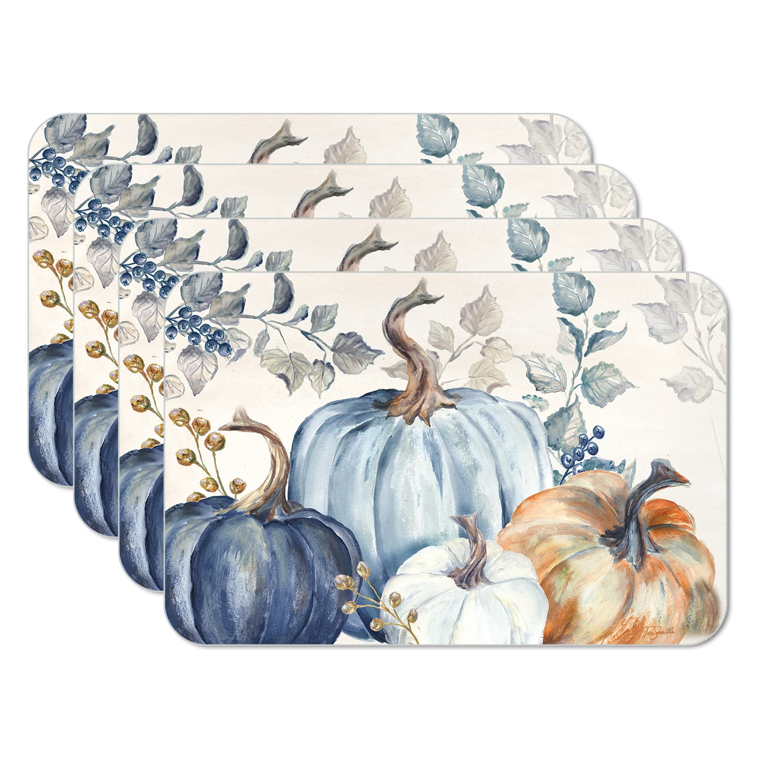 CounterArt Pumpkin Blues 4 Pack Reversible Easy Care Flexible Plastic Placemats Made in The USA BPA Free PVC Free Easily Wipes Clean