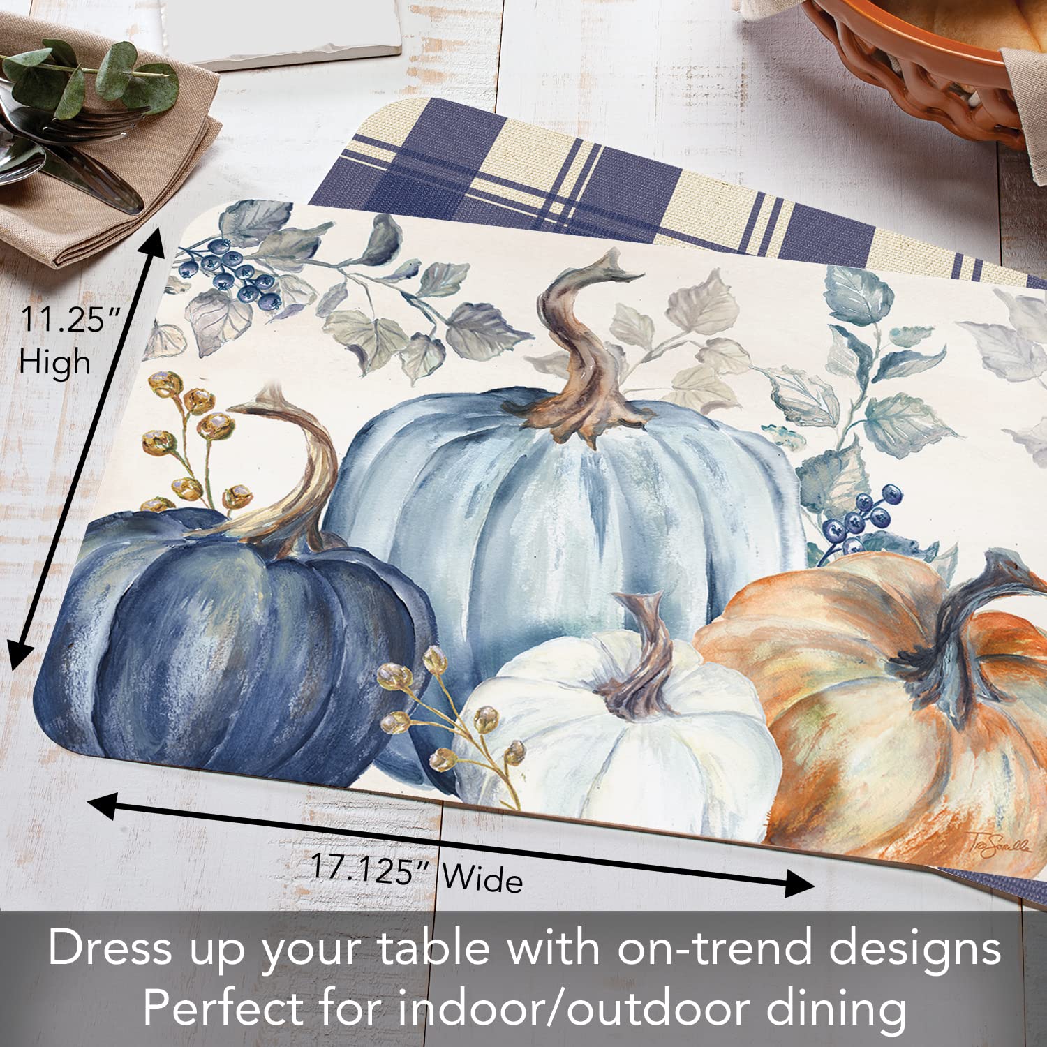 CounterArt Pumpkin Blues 4 Pack Reversible Easy Care Flexible Plastic Placemats Made in The USA BPA Free PVC Free Easily Wipes Clean