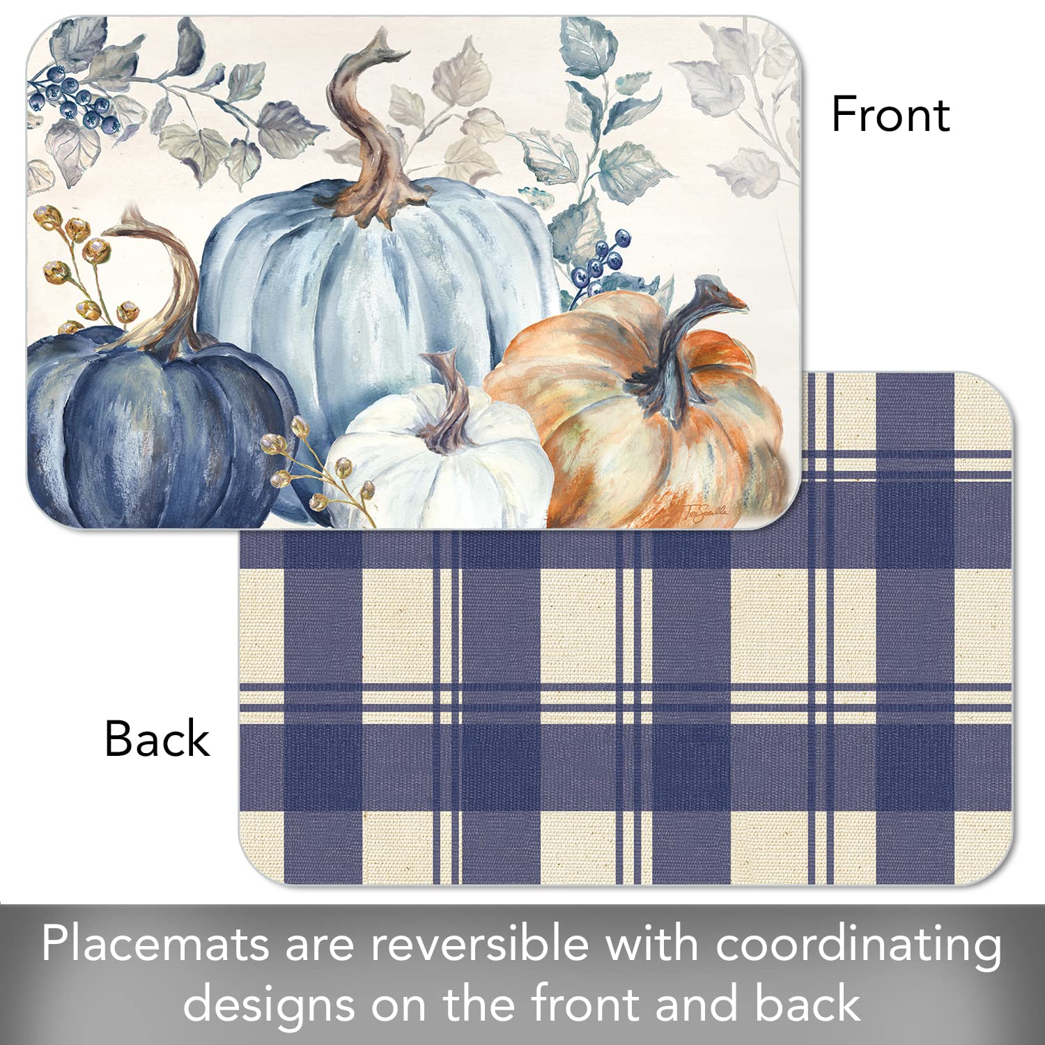 CounterArt Pumpkin Blues 4 Pack Reversible Easy Care Flexible Plastic Placemats Made in The USA BPA Free PVC Free Easily Wipes Clean