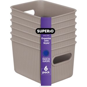 superio ribbed collection - decorative plastic open home storage bins organizer baskets, small taupe (6 pack) container boxes for organizing closet shelves drawer shelf 1.5 liter