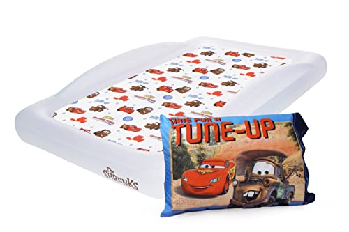 The Shrunks Portable Toddler Travel Bed | Kids Air Mattress Inflatable Bed with Safety Side Rails | Blow Up Floor Bed + Disney Cars Crib Sheet and Pillowcase Set for Boys - Lightening McQueen, Mater