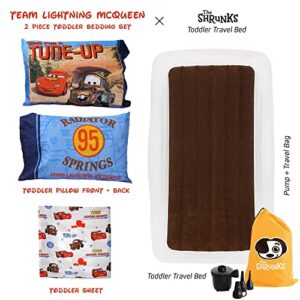 The Shrunks Portable Toddler Travel Bed | Kids Air Mattress Inflatable Bed with Safety Side Rails | Blow Up Floor Bed + Disney Cars Crib Sheet and Pillowcase Set for Boys - Lightening McQueen, Mater