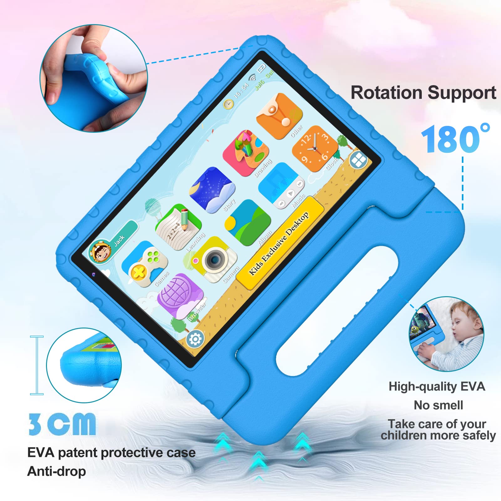 YESTEL Kids Tablet, 8 inch Tablet for Kids Android 11 WiFi Toddler Tablets, Pre-Installed Parental Control, 2GB RAM 32GB ROM (SD to 128GB), 1280 * 800 HD, Quad-Core, 3600mAh—Blue