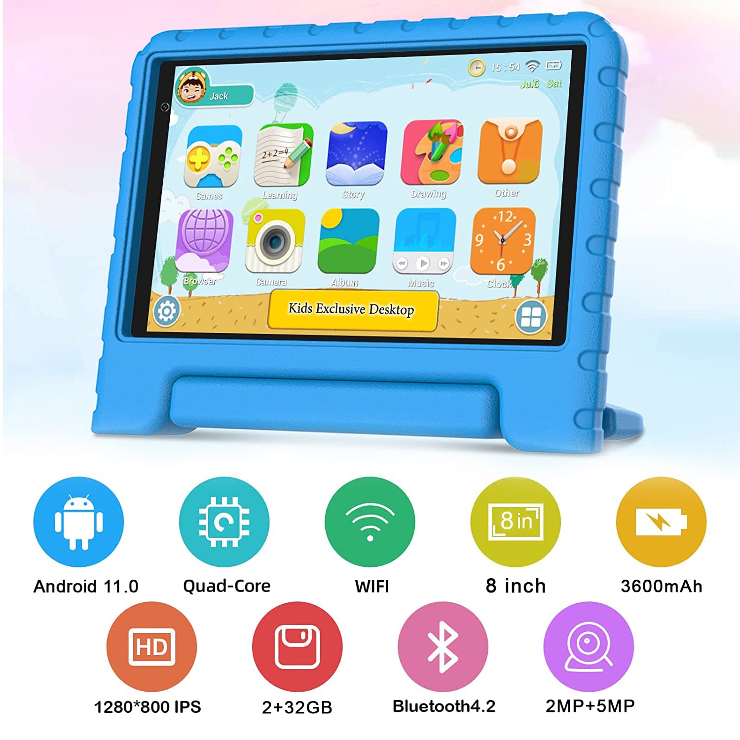 YESTEL Kids Tablet, 8 inch Tablet for Kids Android 11 WiFi Toddler Tablets, Pre-Installed Parental Control, 2GB RAM 32GB ROM (SD to 128GB), 1280 * 800 HD, Quad-Core, 3600mAh—Blue