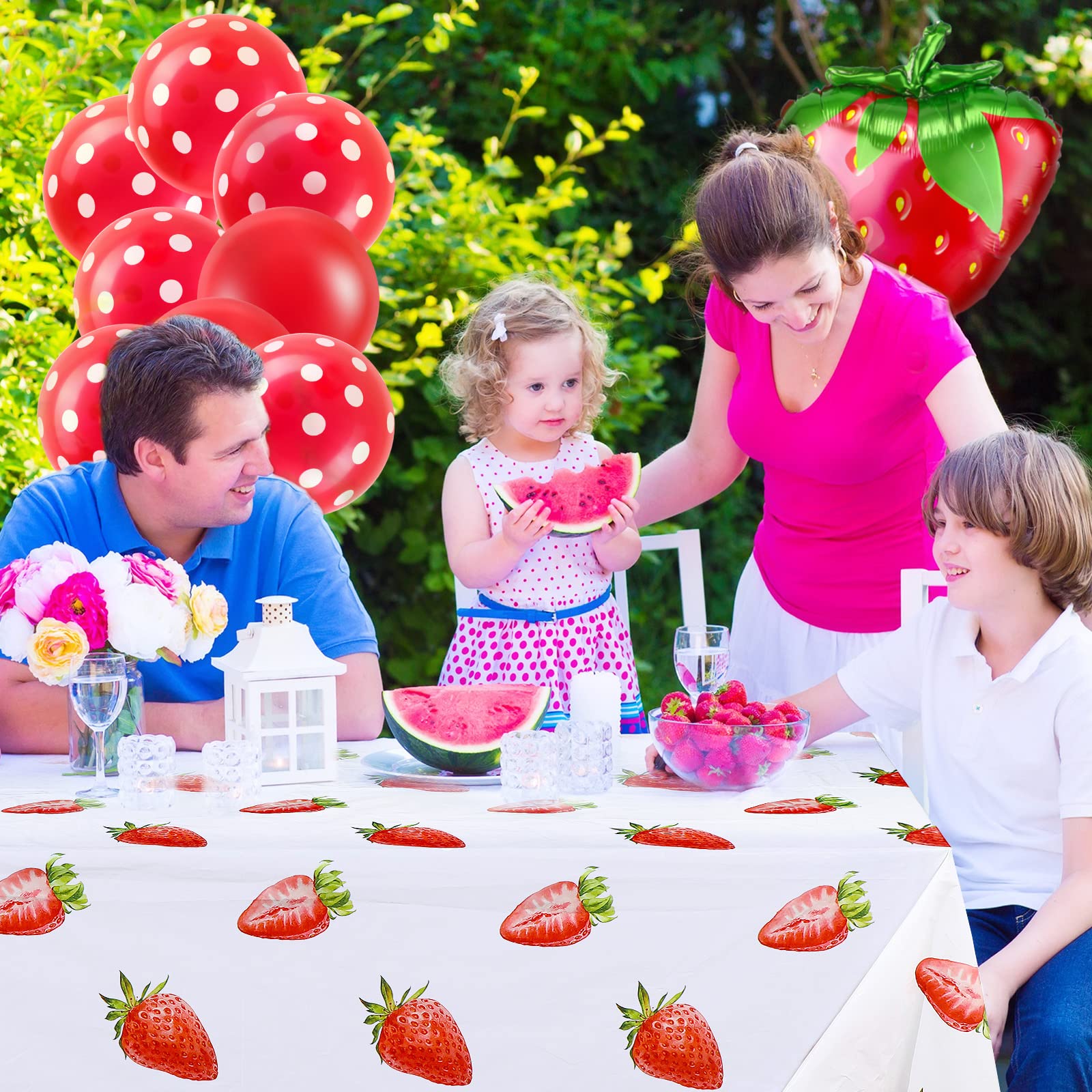 19 Pieces Strawberry Birthday Party Decoration with Strawberry Tablecloth Strawberry Foil Balloons Polka Dot Balloons for Sweet One Baby Girl Strawberry Birthday Decor Strawberry Party Supplies