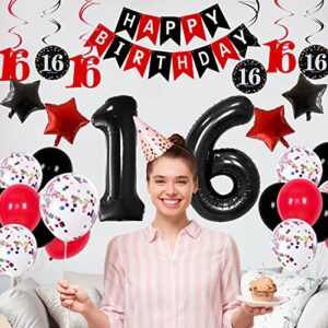 16th Birthday Decorations for Boys, Red Black Happy 16th Birthday Party Balloons Supplies for Girls Teenager 16 Years Old Bday Decor HAPPY BIRTHDAY Banner Number 16 Balloons Spiral Pendants