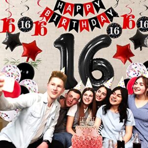 16th Birthday Decorations for Boys, Red Black Happy 16th Birthday Party Balloons Supplies for Girls Teenager 16 Years Old Bday Decor HAPPY BIRTHDAY Banner Number 16 Balloons Spiral Pendants