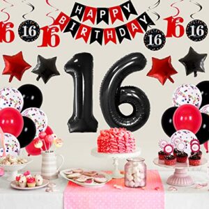 16th Birthday Decorations for Boys, Red Black Happy 16th Birthday Party Balloons Supplies for Girls Teenager 16 Years Old Bday Decor HAPPY BIRTHDAY Banner Number 16 Balloons Spiral Pendants