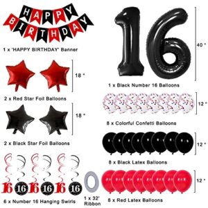 16th Birthday Decorations for Boys, Red Black Happy 16th Birthday Party Balloons Supplies for Girls Teenager 16 Years Old Bday Decor HAPPY BIRTHDAY Banner Number 16 Balloons Spiral Pendants