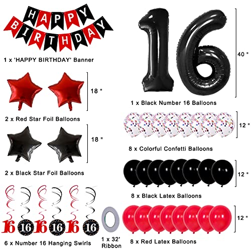 16th Birthday Decorations for Boys, Red Black Happy 16th Birthday Party Balloons Supplies for Girls Teenager 16 Years Old Bday Decor HAPPY BIRTHDAY Banner Number 16 Balloons Spiral Pendants