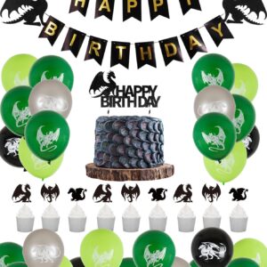 Dragon Birthday Party Decorations Dungeons and Dragons Theme Fantasy Party Supplies Including Dragon Cake Decoration and Toppers, Dragon Balloon Garland and Birthday Banner