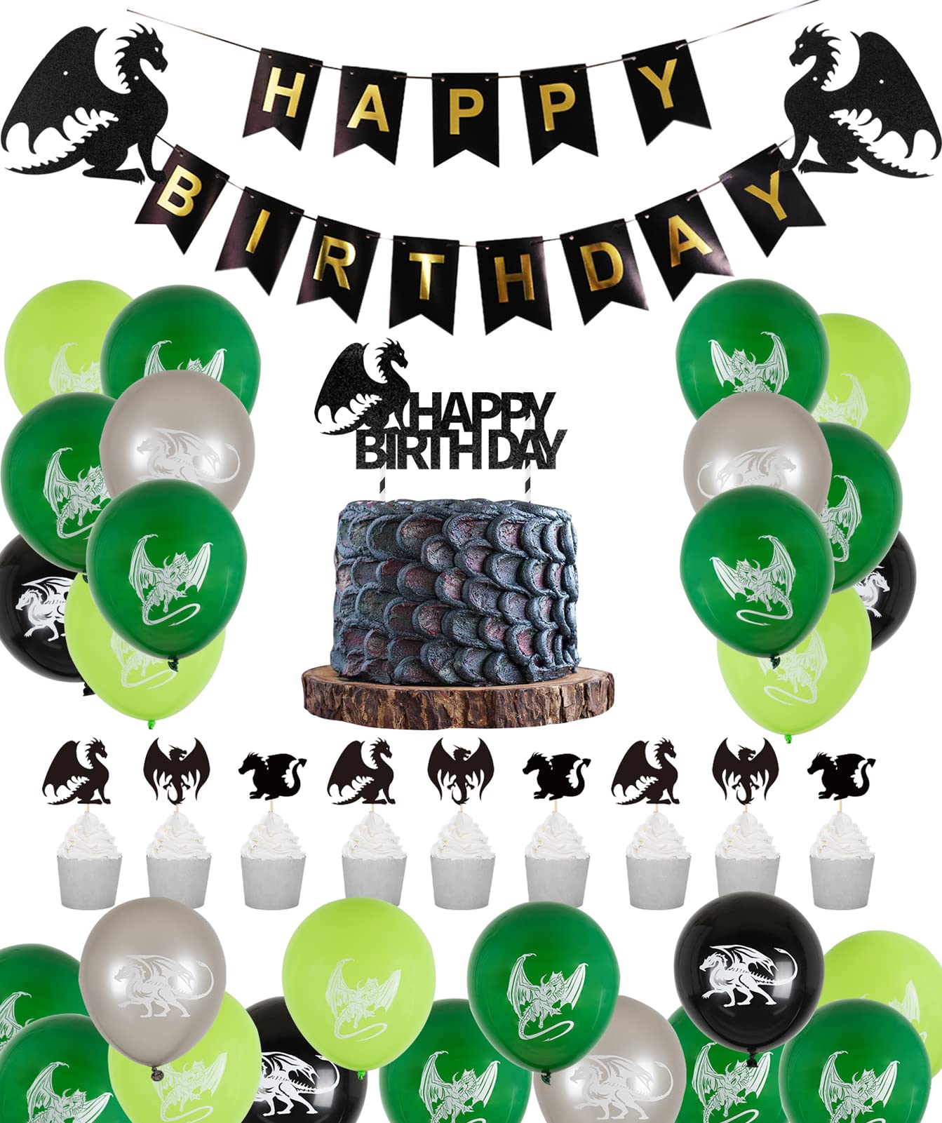 Dragon Birthday Party Decorations Dungeons and Dragons Theme Fantasy Party Supplies Including Dragon Cake Decoration and Toppers, Dragon Balloon Garland and Birthday Banner