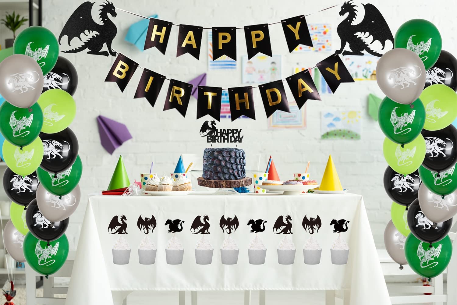 Dragon Birthday Party Decorations Dungeons and Dragons Theme Fantasy Party Supplies Including Dragon Cake Decoration and Toppers, Dragon Balloon Garland and Birthday Banner